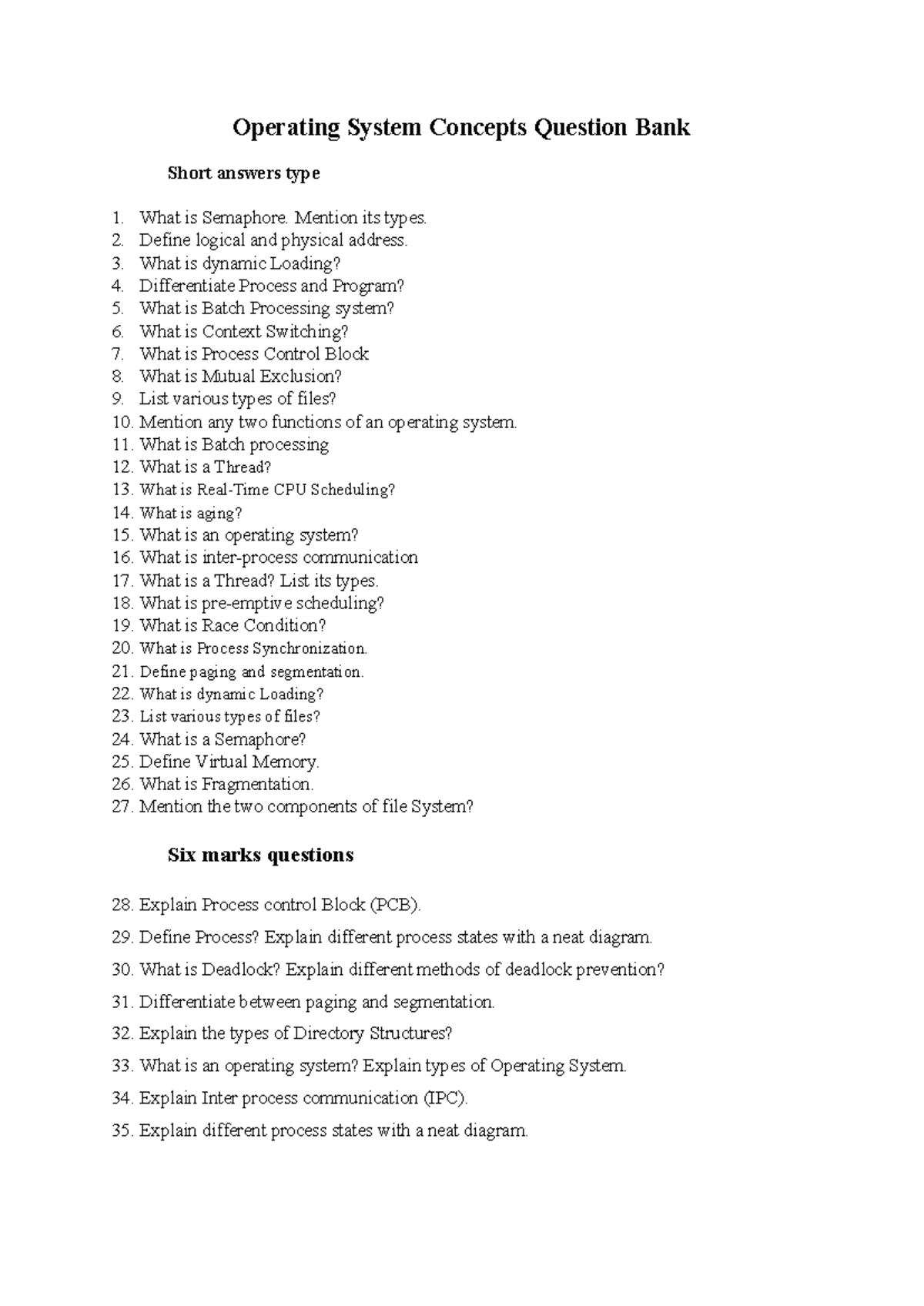 OS Concepts Question Bank for Final Exam (CS101) - Studocu