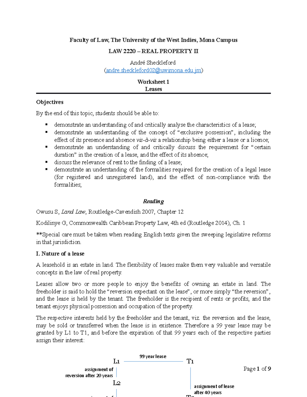 LAW 2220 - Real Property II: Worksheet on Leases and Their ...