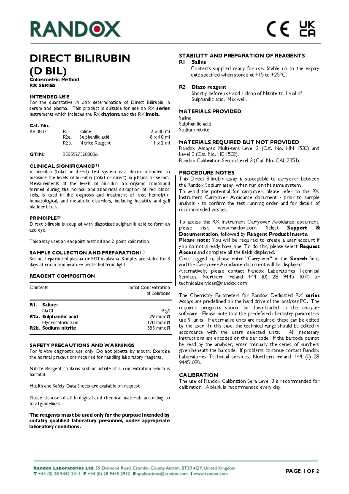 BR3807 - Direct Bilirubin Stability & Reagent Preparation Guide - Studocu