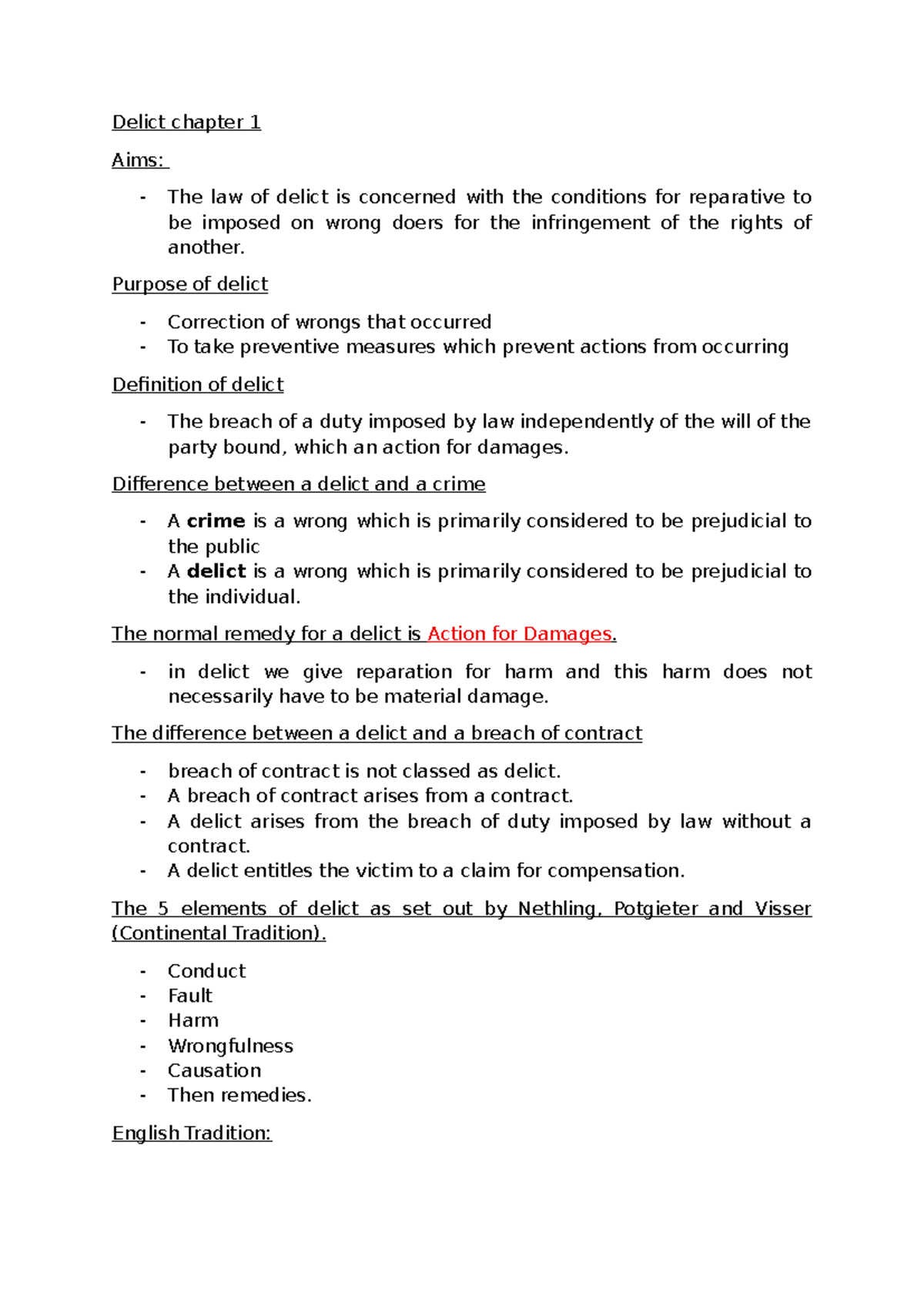 Law of Delict CH1: Aims, Definitions, and Key Differences - Studocu