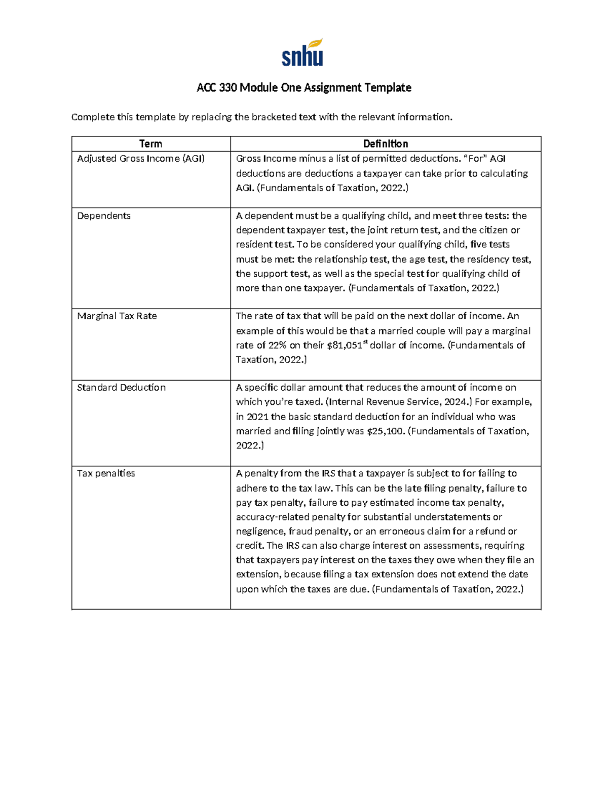 ACC 330 Module 1 Assignment: Key Tax Concepts Explained - Studocu