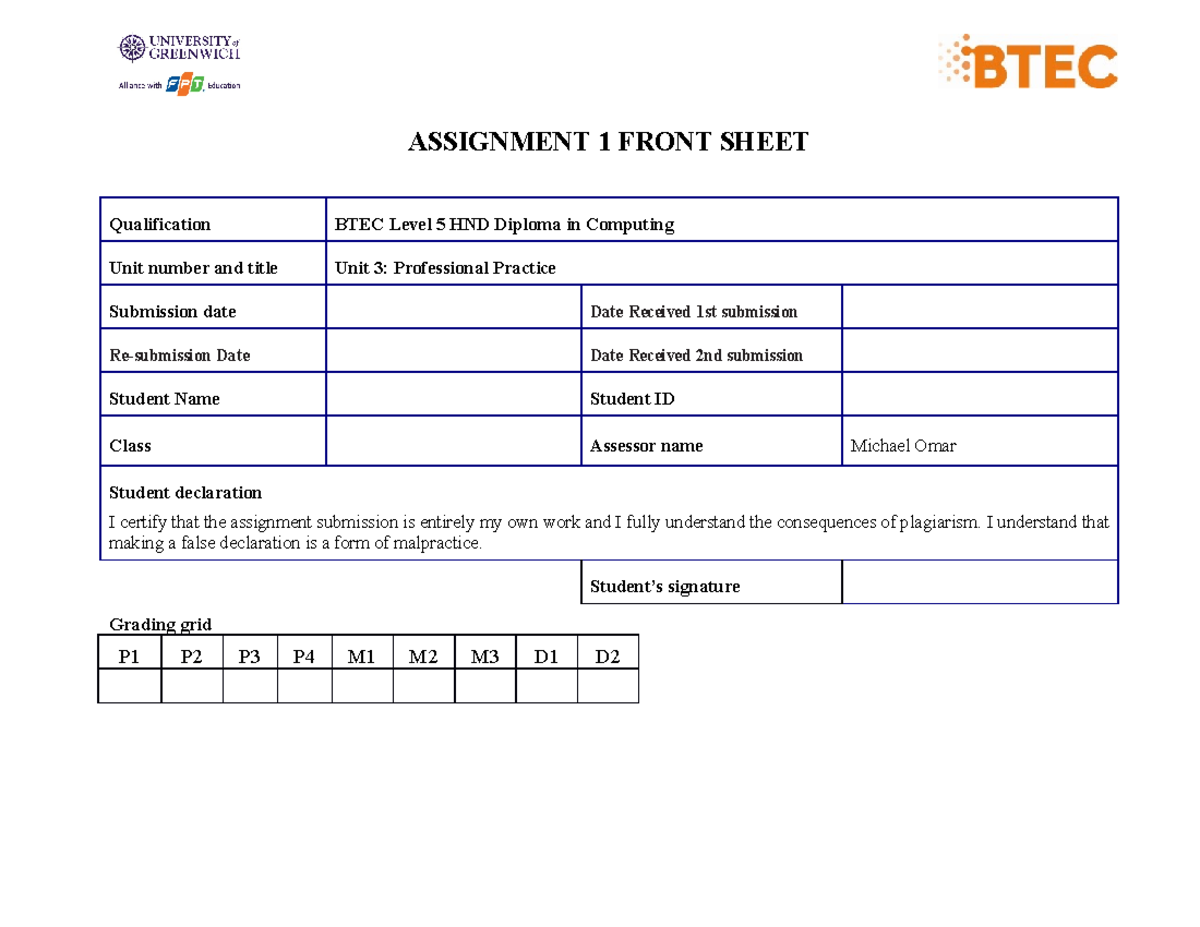 GCS210898 Tran Vu Anh Minh Assignment 1 - ASSIGNMENT 1 FRONT SHEET Qualification BTEC Level 5 ...