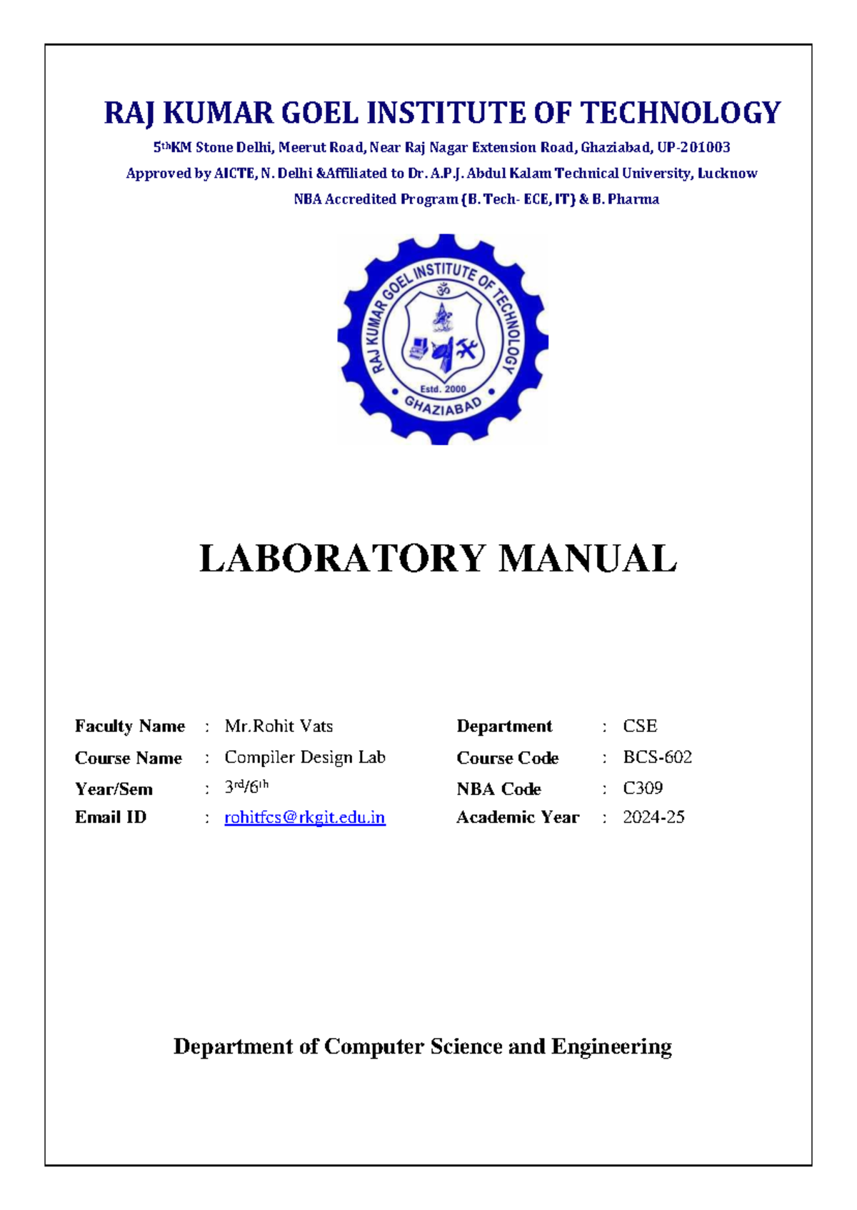 Compiler Design Lab Manual (CSE, VI SEM) - Raj Kumar Goel Institute ...