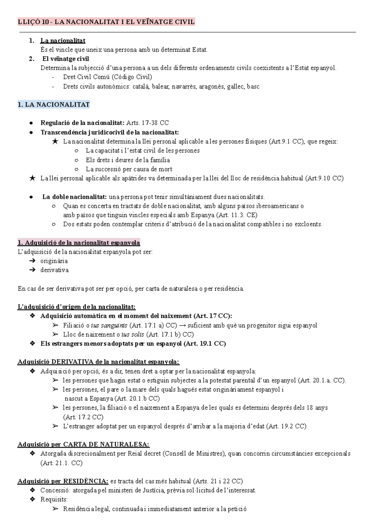 LLIÇÓ 10: LA NACIONALITAT I EL VEÏNATGE CIVIL - Dret de la Persona ...