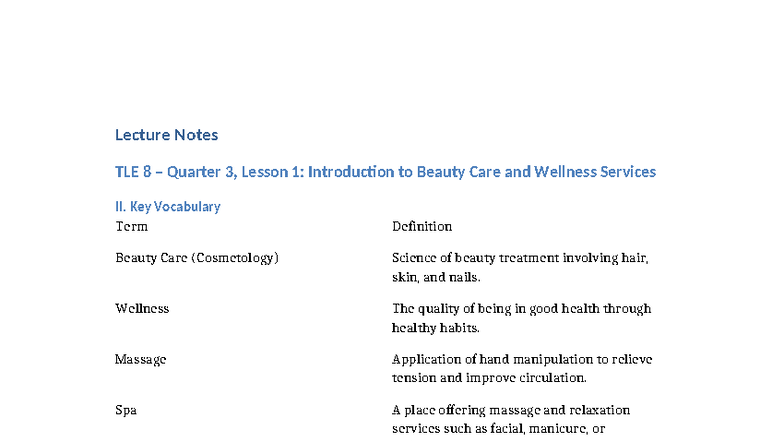TLE 8 Q3 Lecture Notes: Intro to Beauty Care & Wellness Services II ...