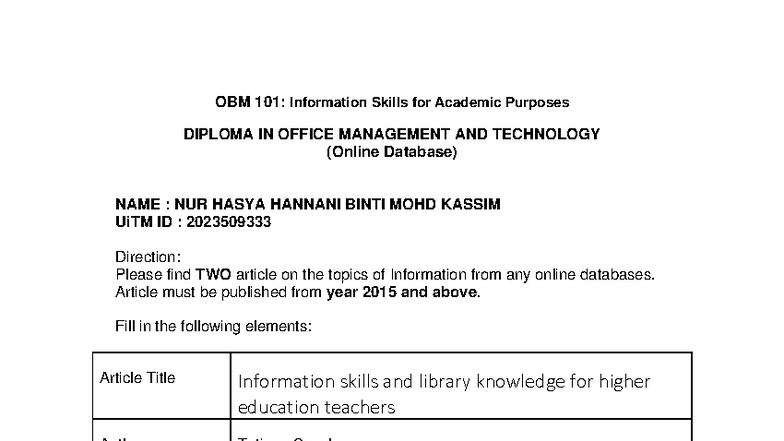 OBM 101: Information Literacy Skills for Academic Success - Studocu