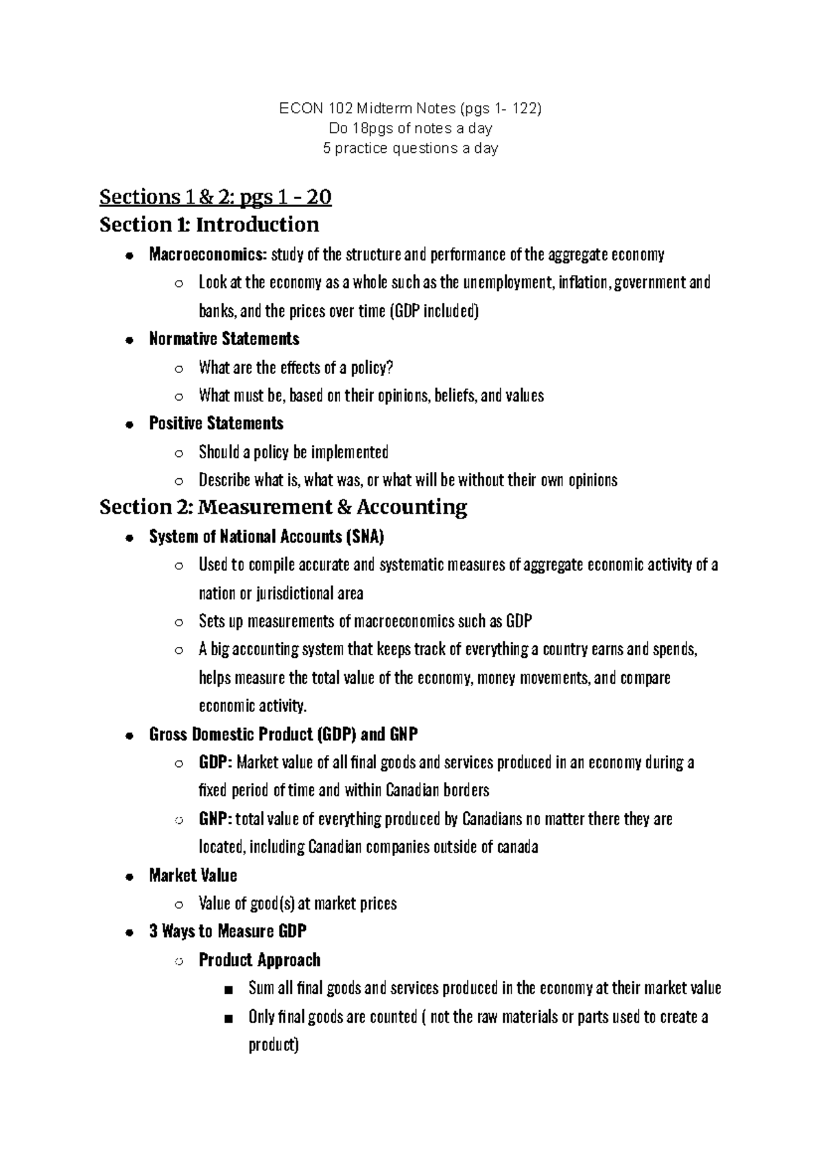ECON 102 Midterm Notes: Key Concepts in Macroeconomics and GDP Analysis ...