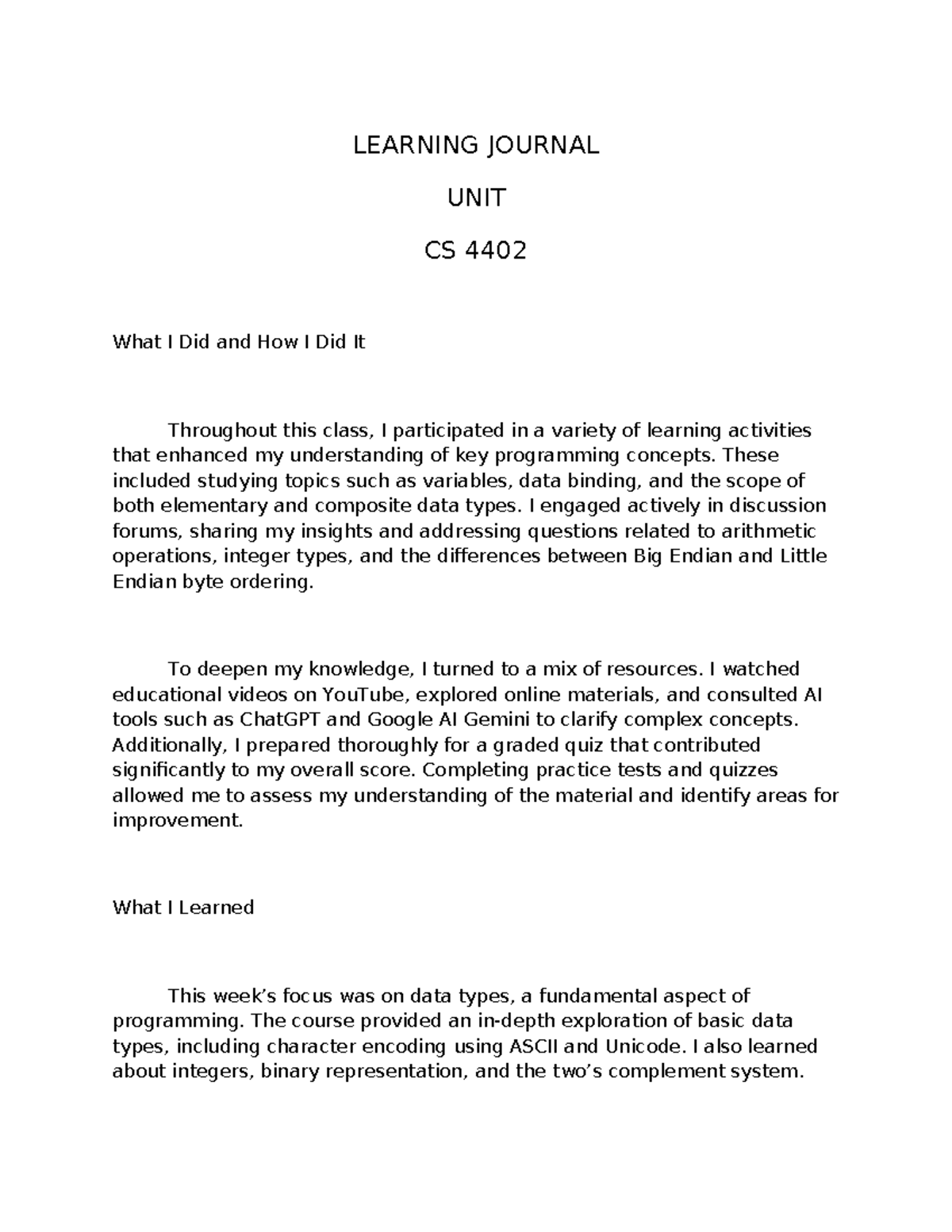 CS 4402 UNIT 3 Learning Journal: Insights on Data Types and Concepts - Studocu
