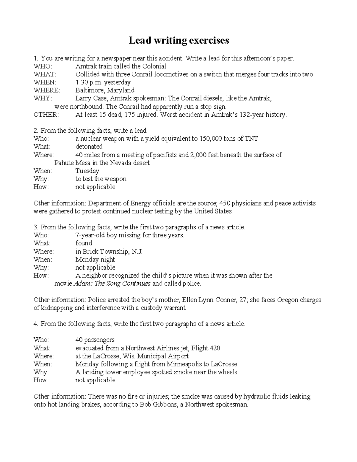 Lead writing excercises - Lead writing exercises You are writing for a ...