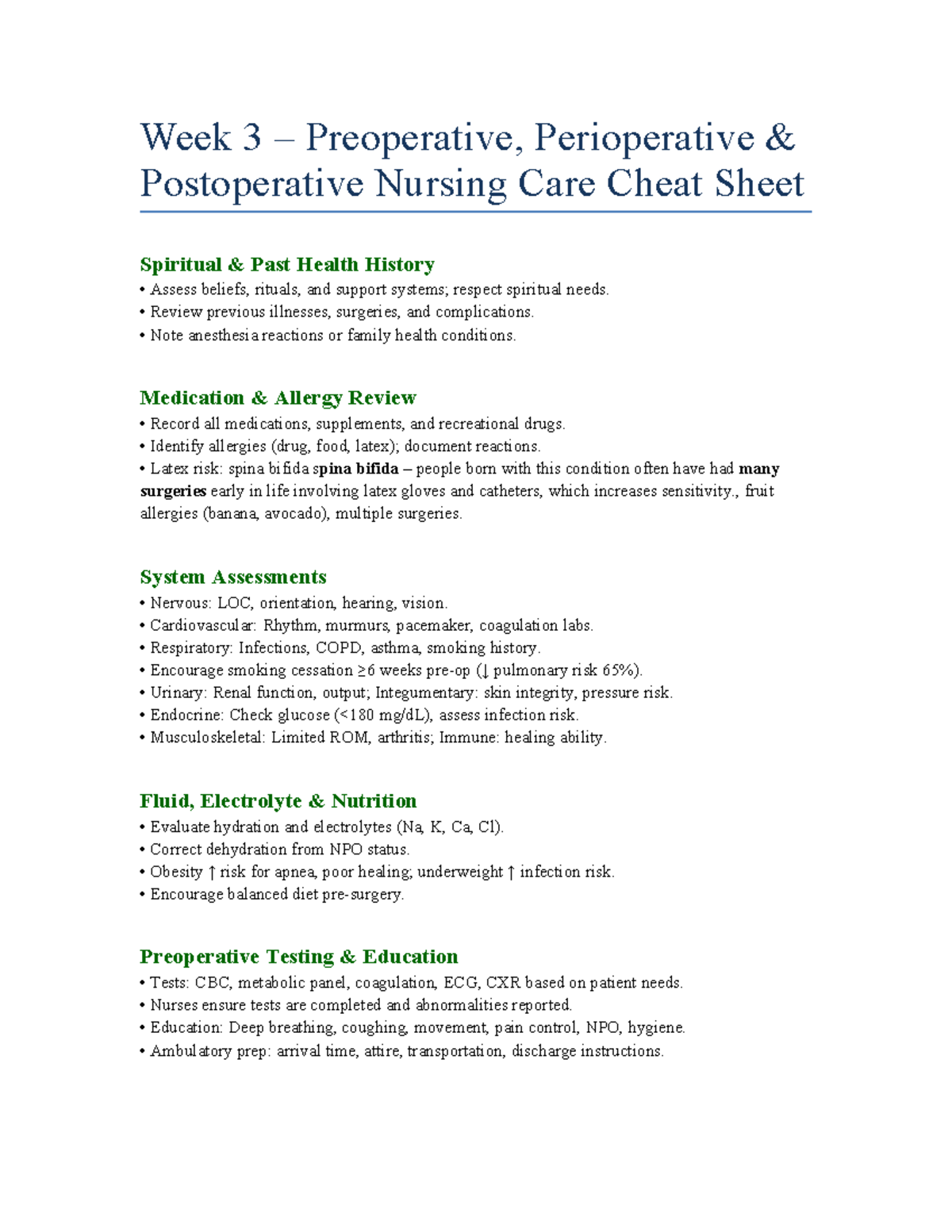 Week 3 Nursing Care Cheat Sheet: Preoperative to Postoperative Guide ...