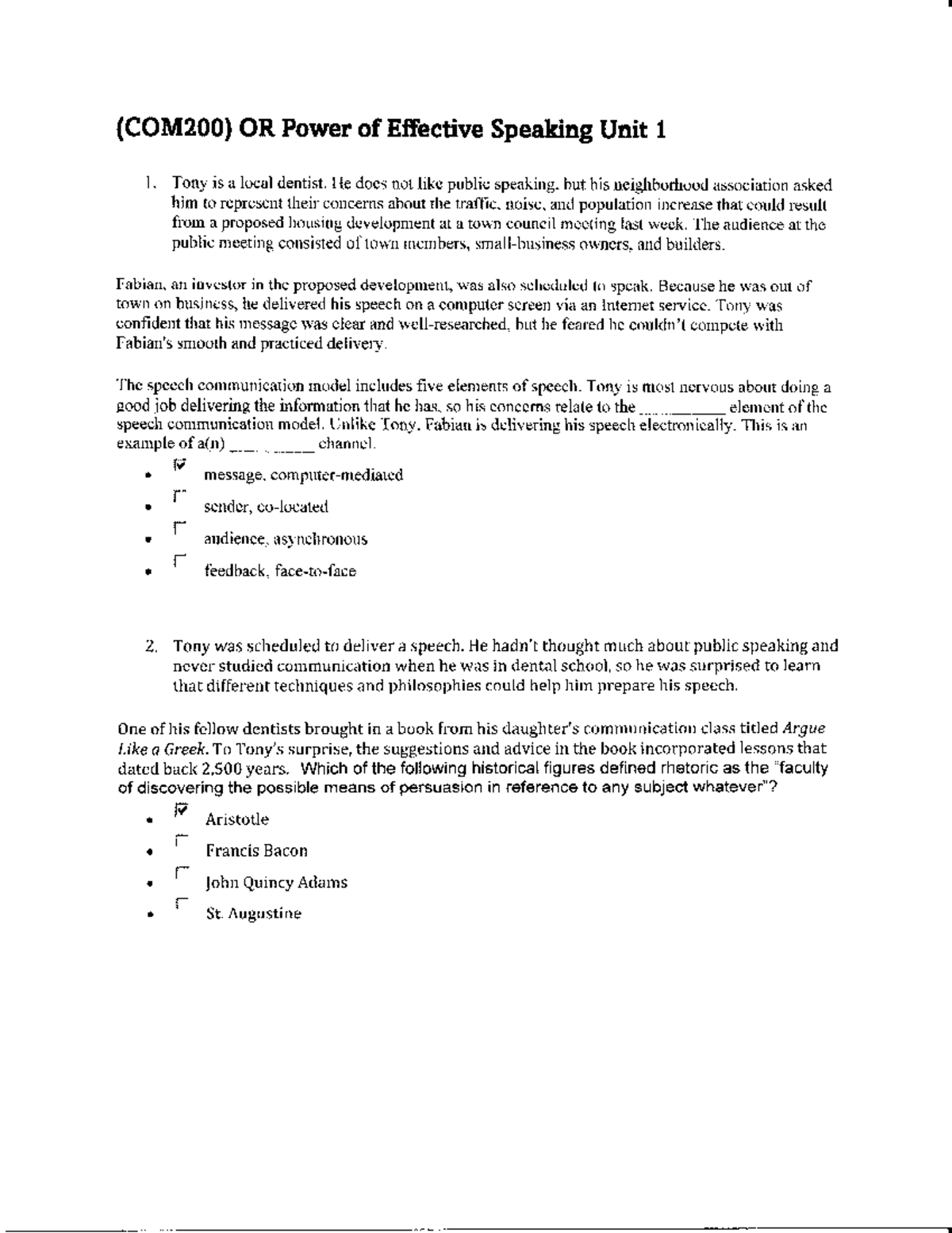 (COM200) OR Power of Effective Speaking Unit 1 - Tony is a local ...