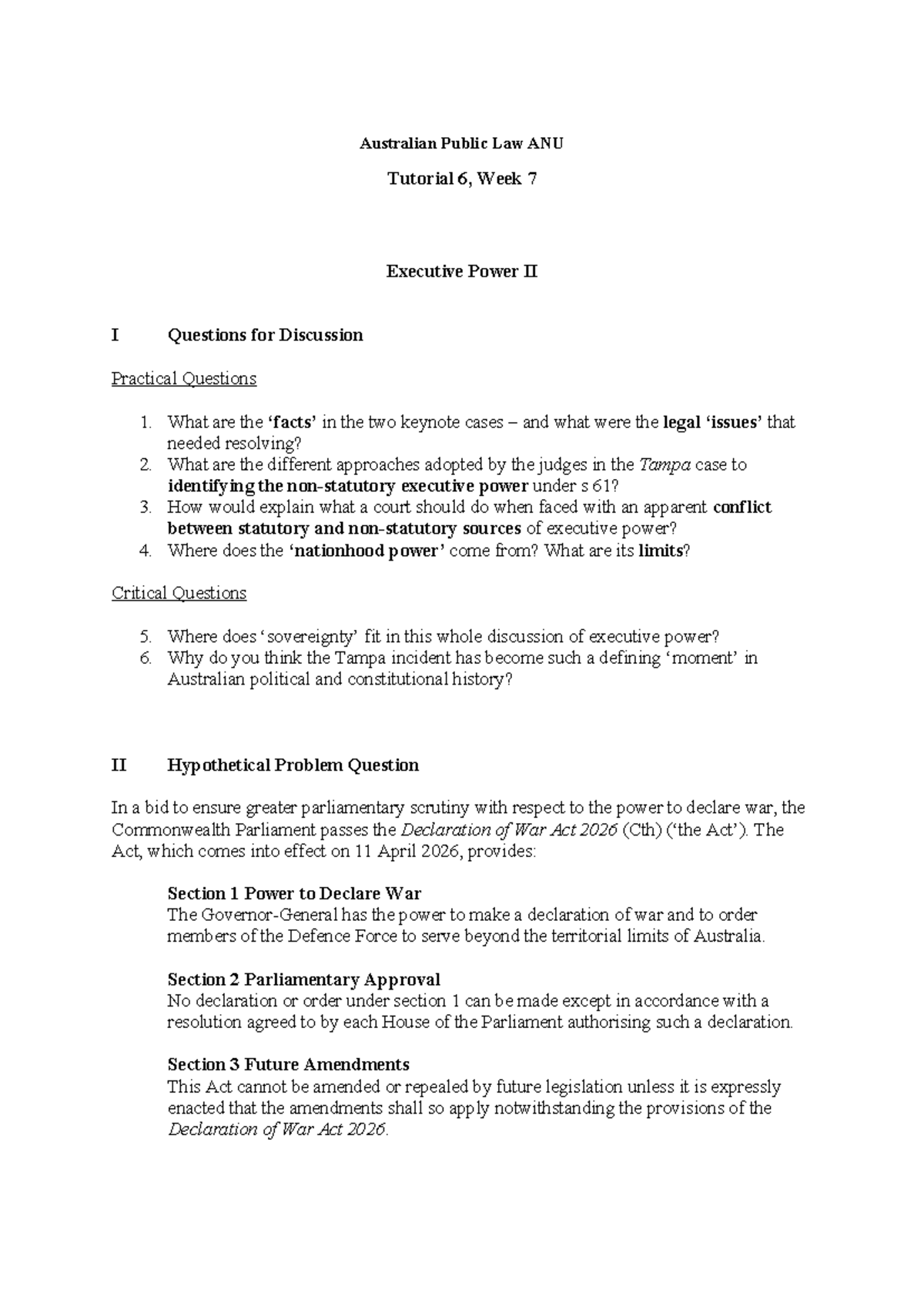 APL Tutorial 6 - Week 7: Executive Power II Discussion Questions - Studocu