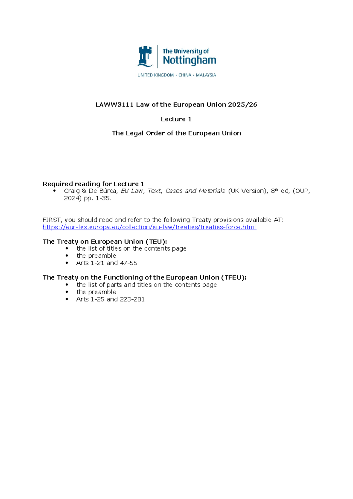 EU S1 Lecture 1: The Legal Order of the European Union Overview - Studocu