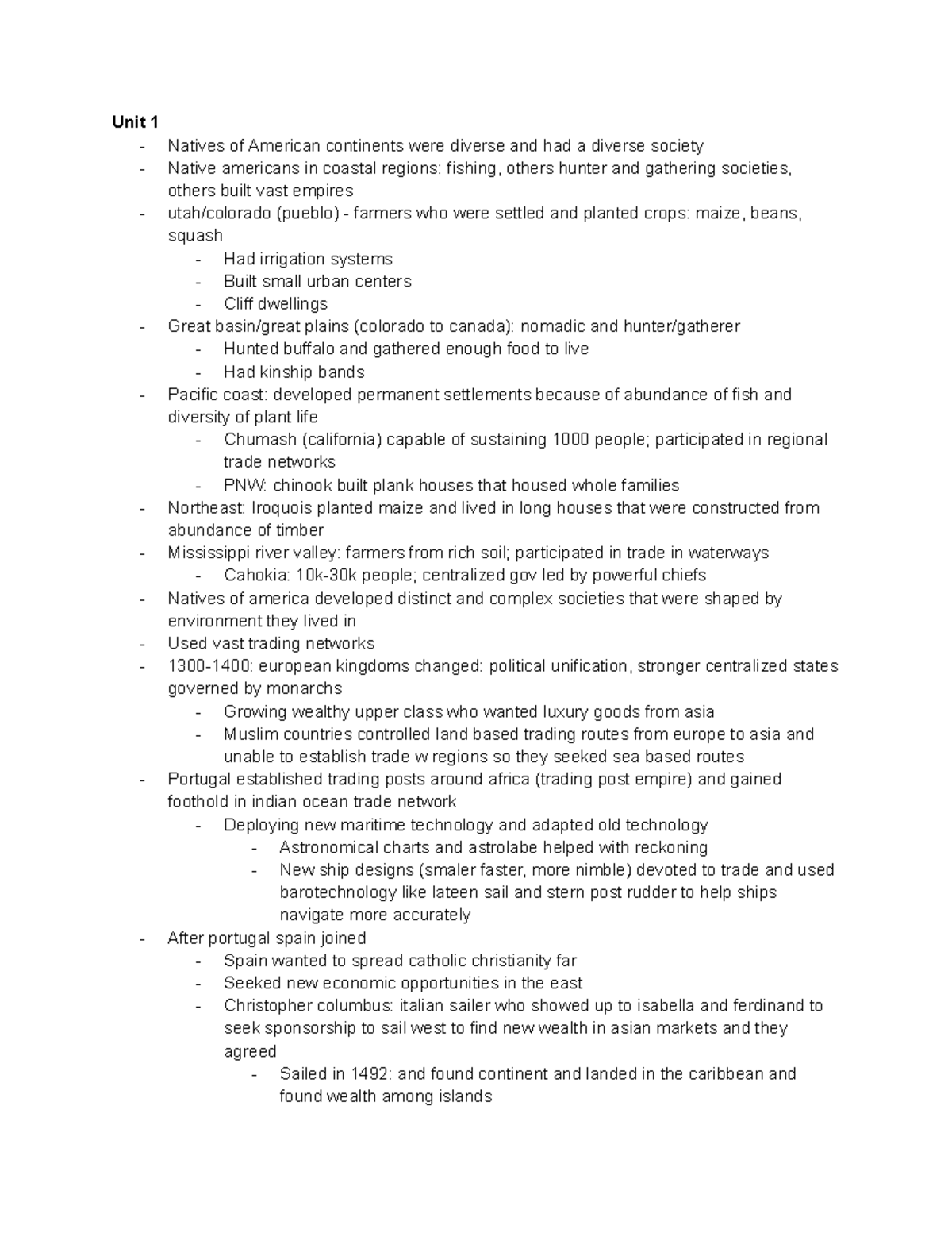 APUSH Unit 1 Cram Notes: Native Societies and European Interaction ...