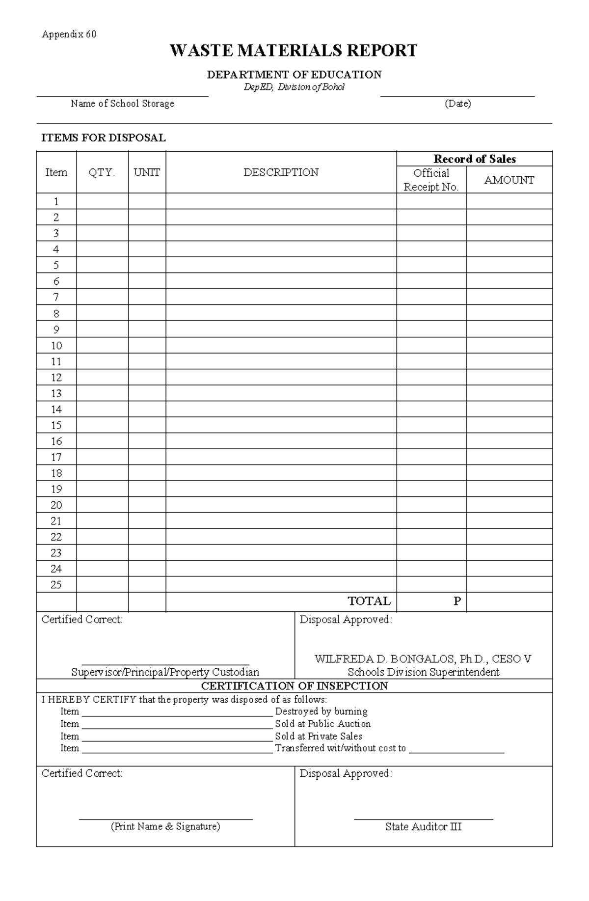 Waste Materials Disposal Report - Appendix 60, DepED Bohol - Studocu
