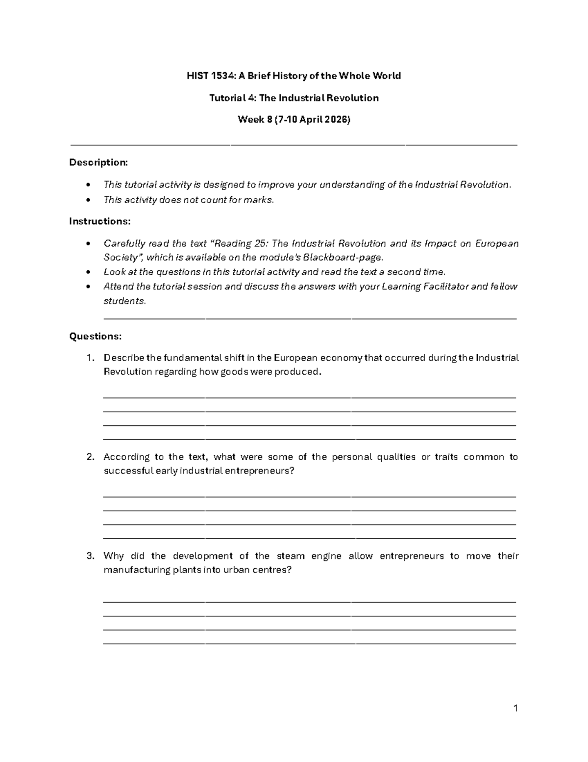 HIST 1534: Tutorial 4 - Understanding the Industrial Revolution - Studocu