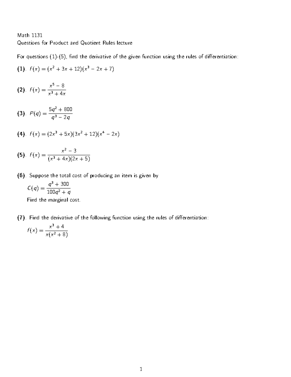 Math 1131: Questions for Product and Quotient Rules Lecture - Studocu