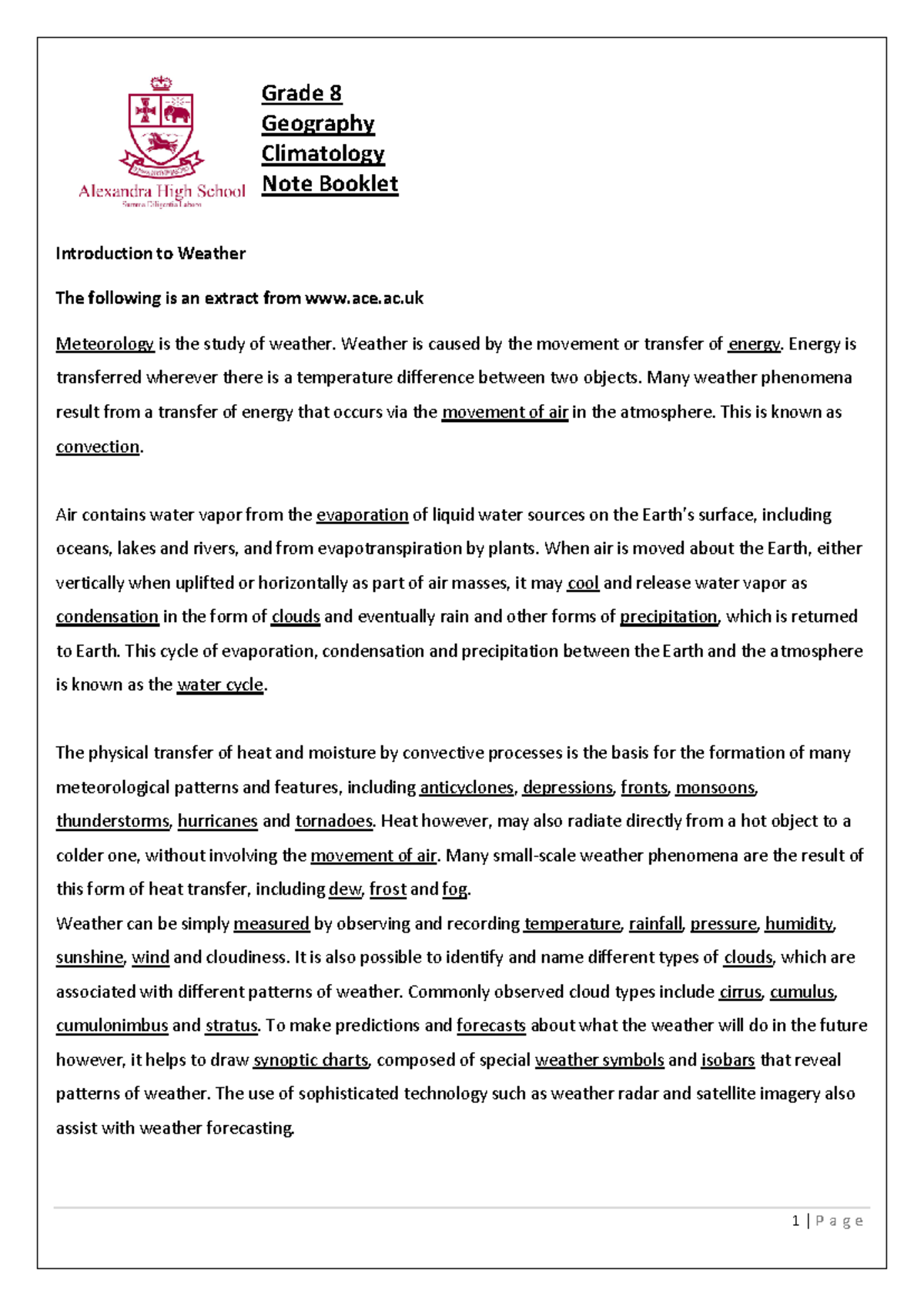 Climatology Study Notes for Grade 8 Geography Class - Studocu