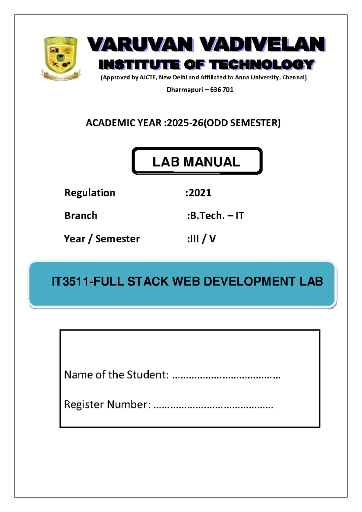 IT3511 - Full Stack Web Development Lab Manual and Experiments - Studocu