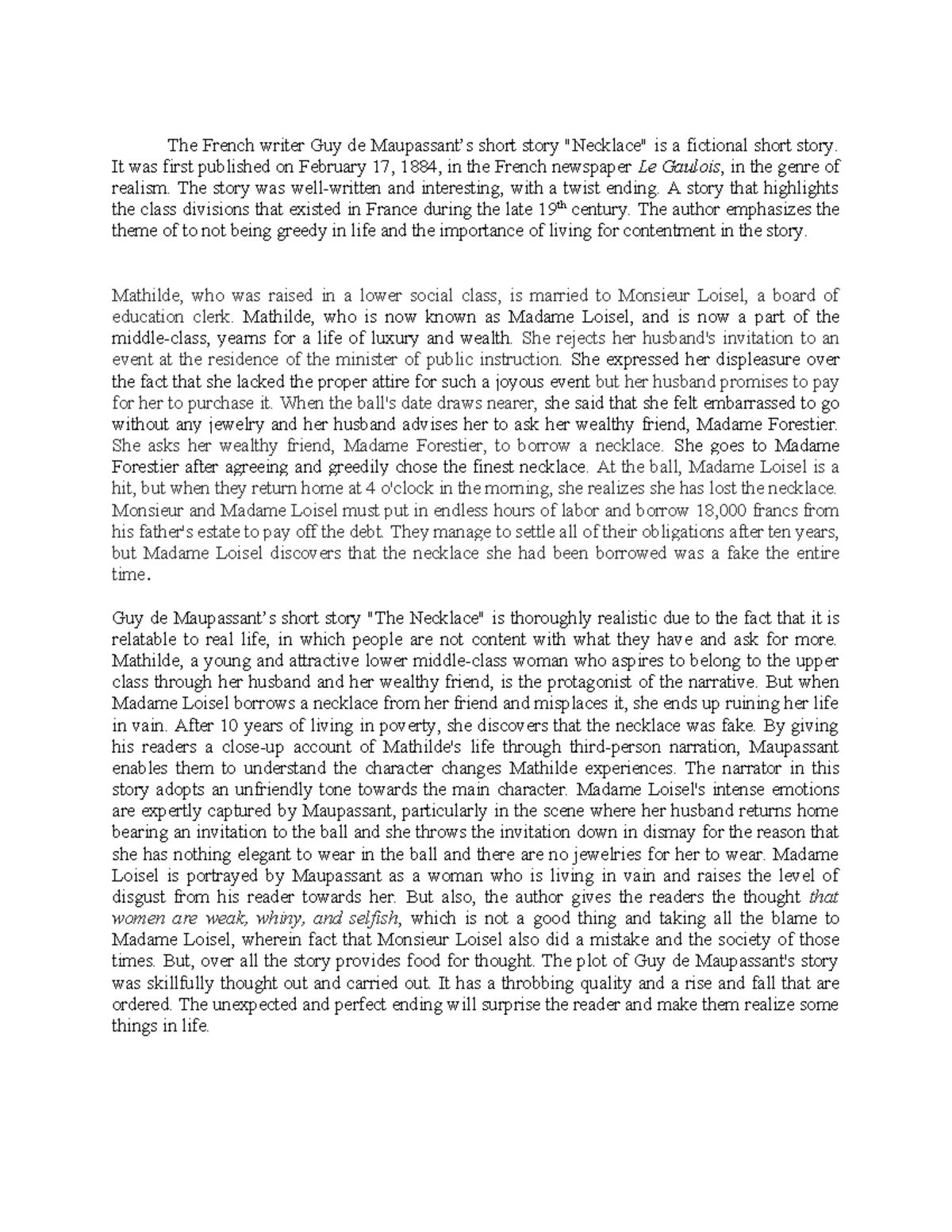 Critique Essay - Analyzing Maupassant's "The Necklace" (ENG 201) - Studocu