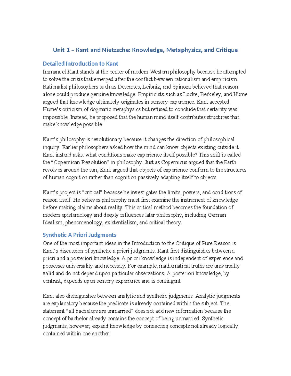 Comprehensive Unit 1 Notes: Kant and Nietzsche on Knowledge ...