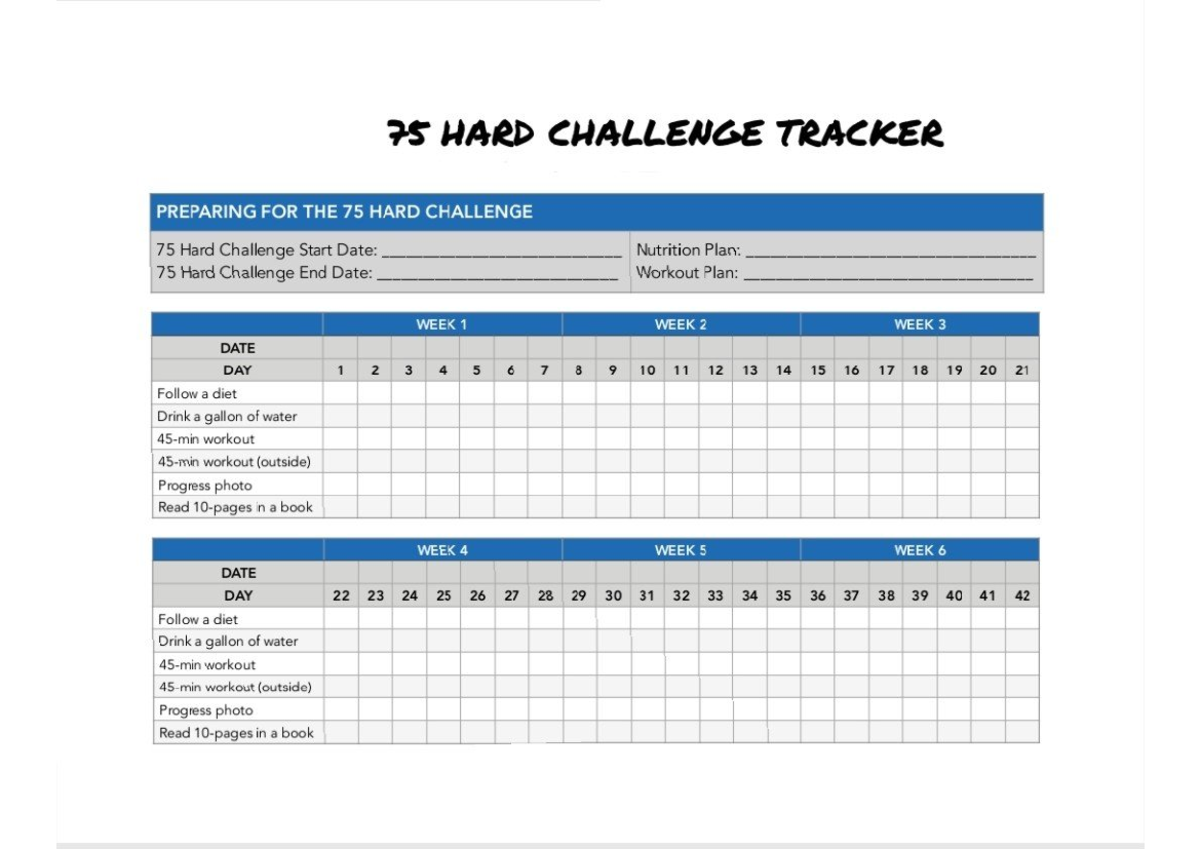 75 HARD CHALLENGE TRACKER: Weekly Progress & Plans - Studocu
