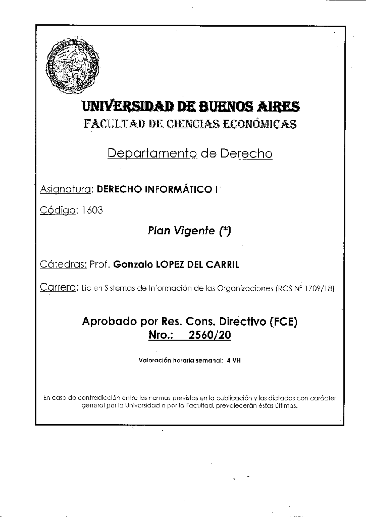 Derecho Informático I - Programa Oficial UBA 1603 - Studocu