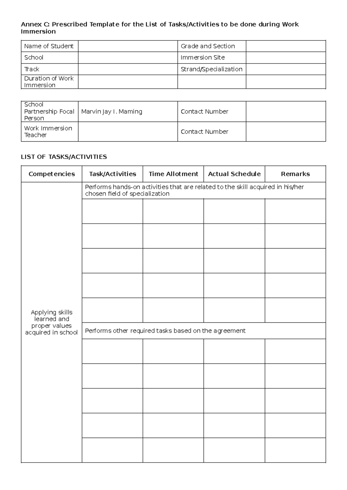 Annex C - Template for Work Immersion Tasks and Activities List - Studocu