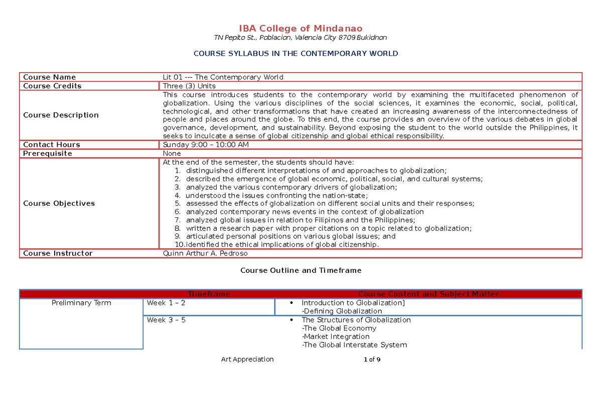 Contemporary World Course Syllabus 2021 2022 - TN Pepito St., Poblacion ...