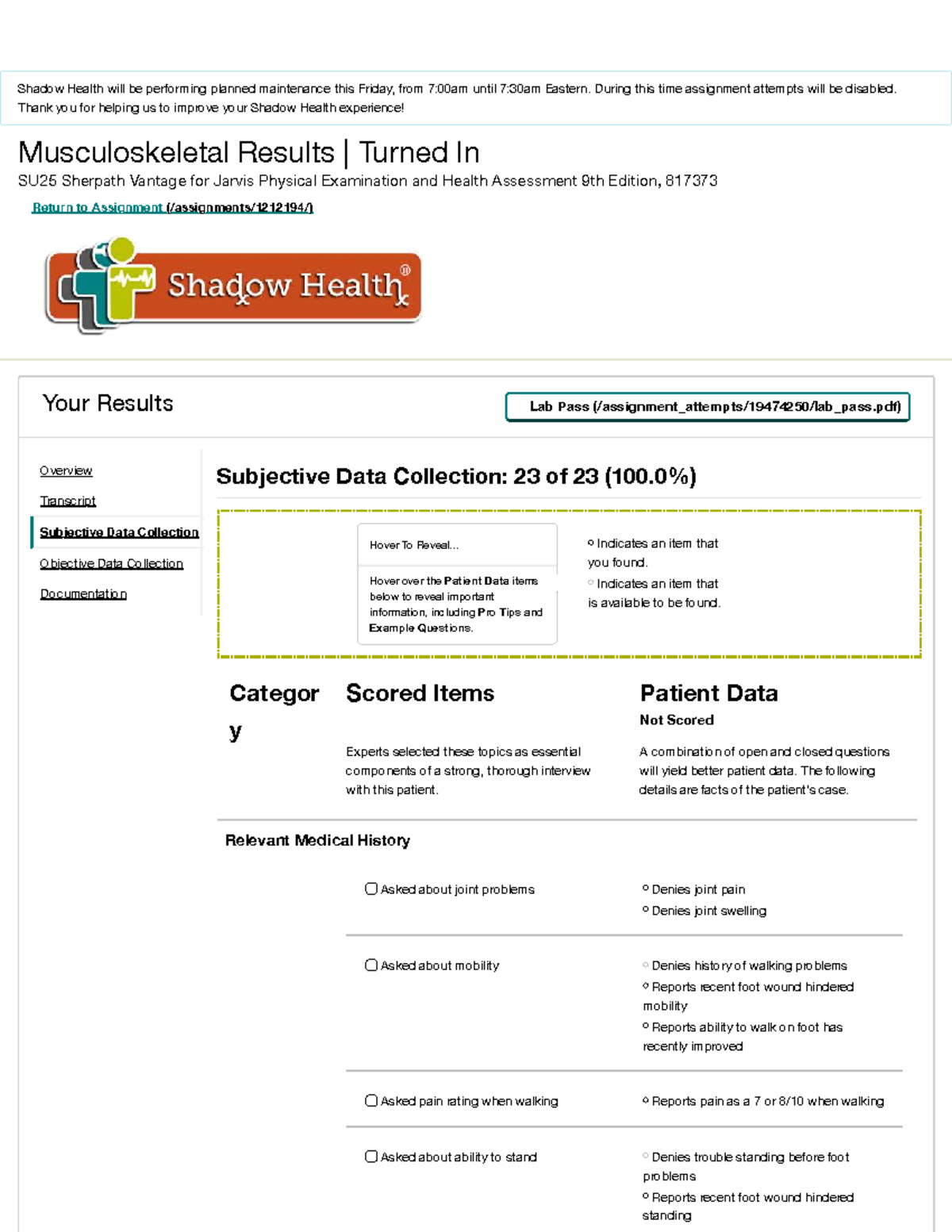 Musculoskeletal Subjective Data for Tina Jones - Shadow Health SU25 ...