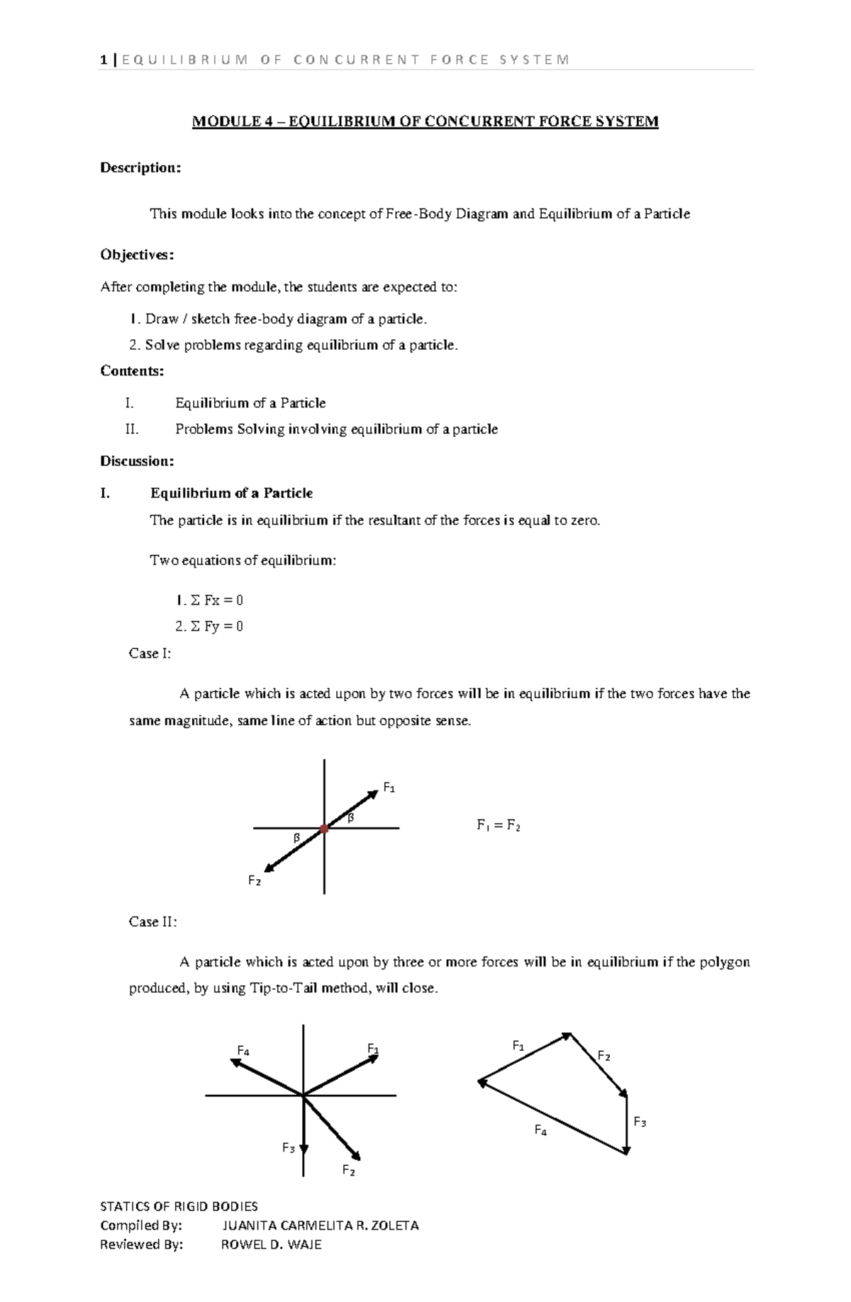 Module 4 – Equilibrium of Concurrent Force Systems in Statics - Studocu