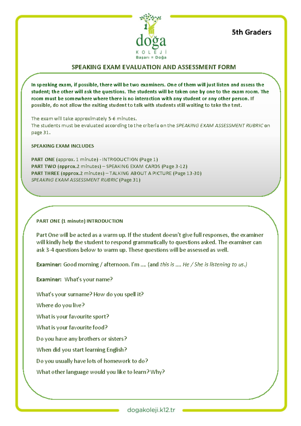 5th Graders SPEAKING EXAM EVALUATION & ASSESSMENT FORM - Studocu