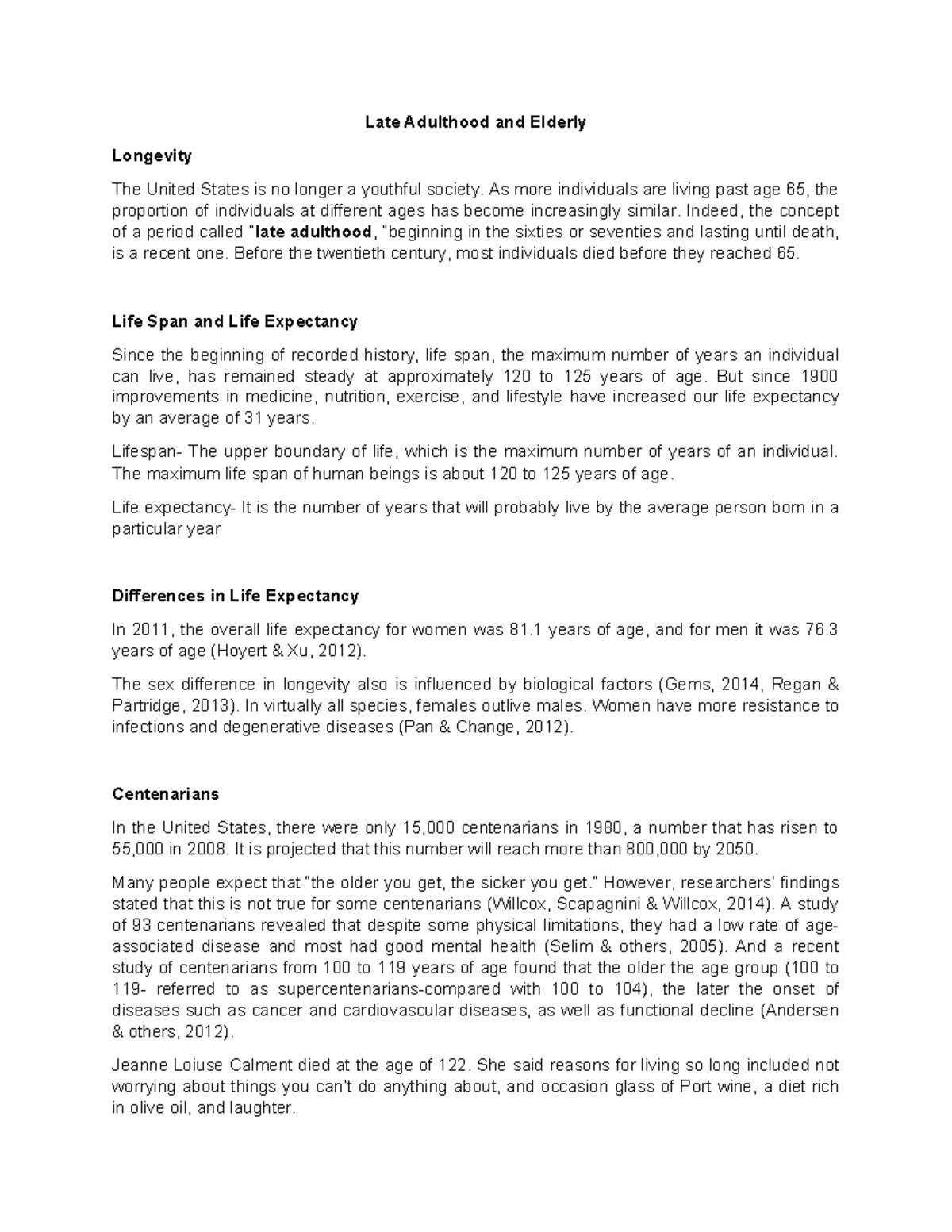 Lesson 2 - Late Adulthood and Elderly Longevity Insights - Studocu