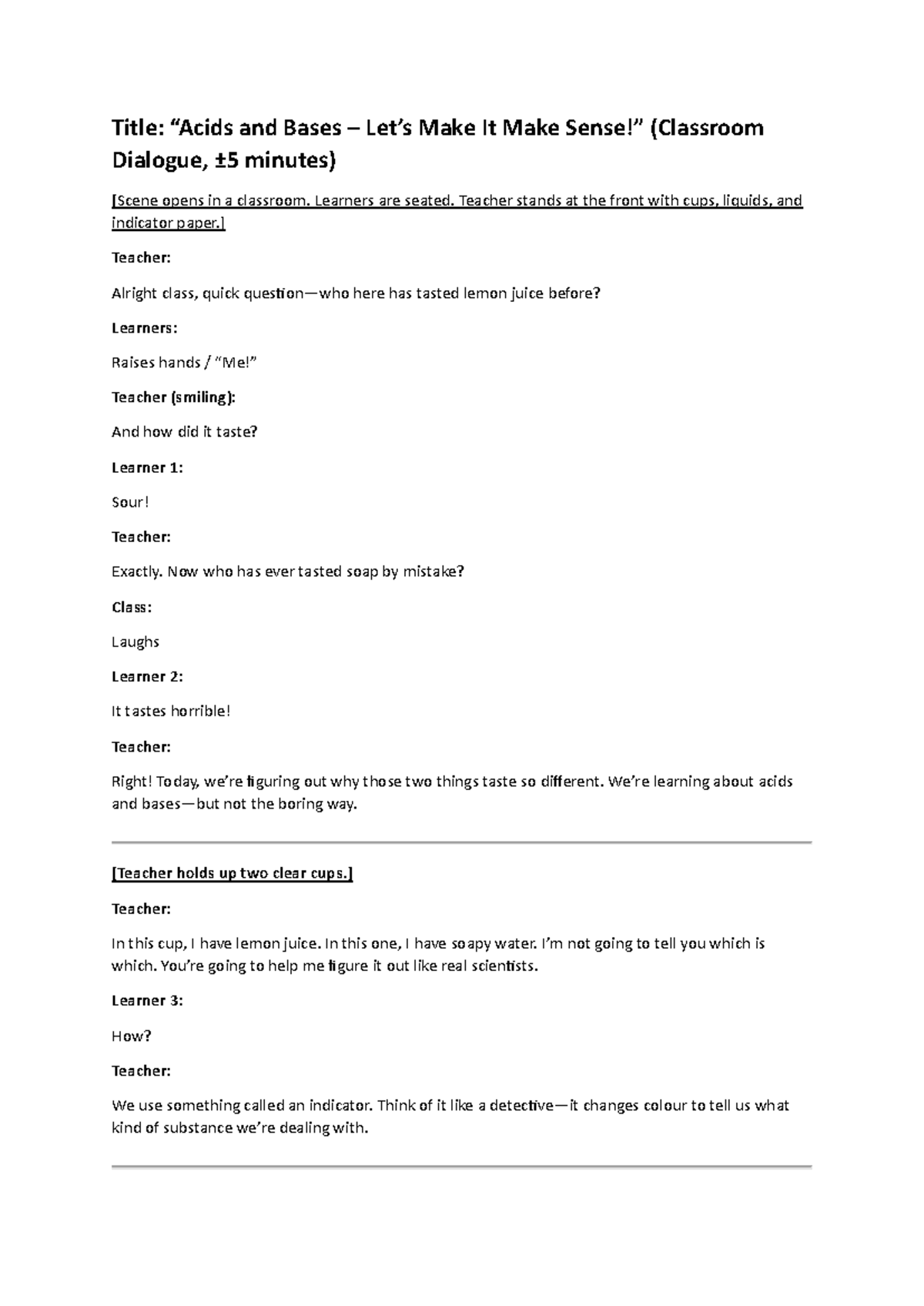 Classroom Dialogue on Acids and Bases (Science Lesson) - Studocu
