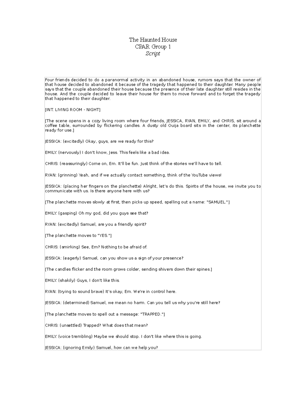 Haunted House Script - CPAR Group 1 (Class ID: 155223891692375213 ...