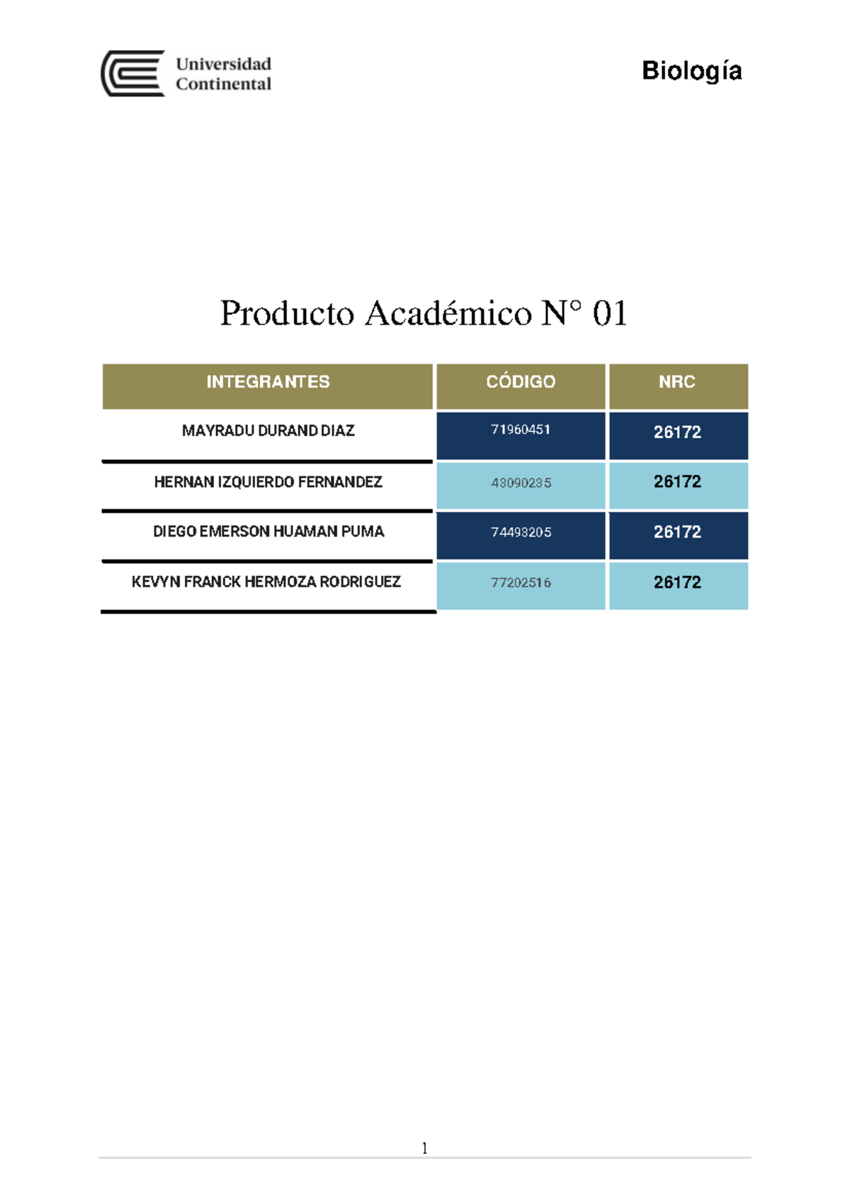 Biologia PA1 - Practica - INTEGRANTES CÓDIGO NRC - Producto Académico N ...