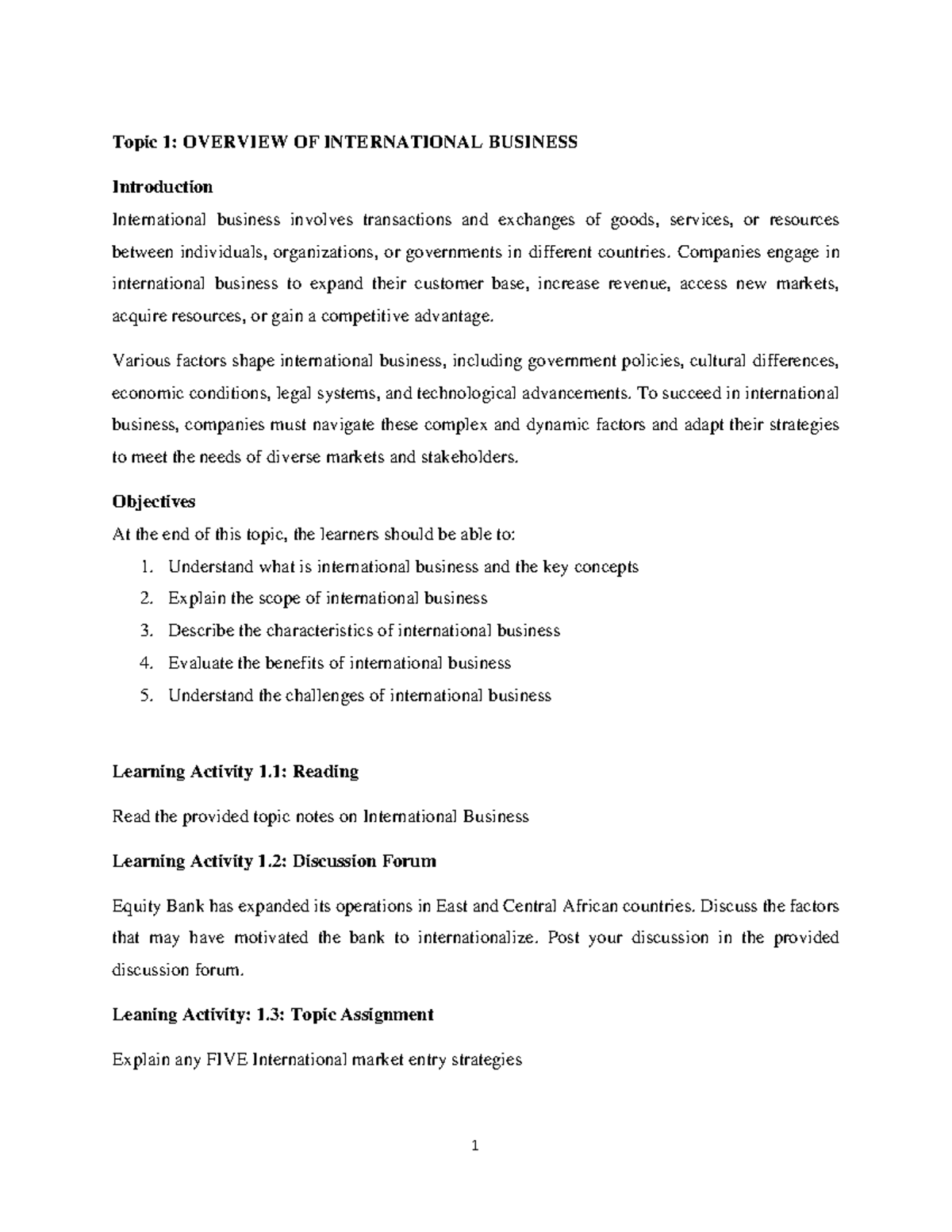 Topic 1: Overview of International Business Concepts and Strategies ...