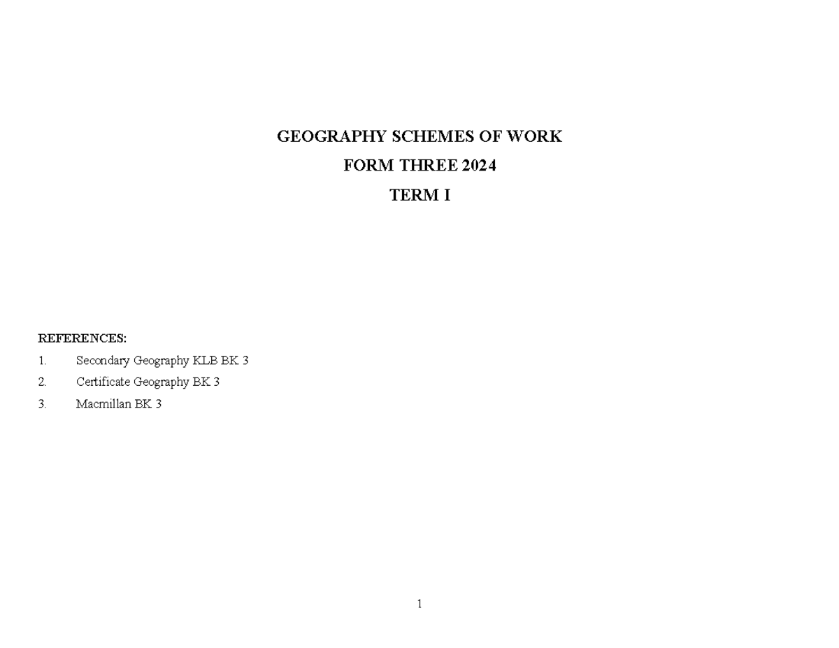 Geography Scheme of Work for Form 3: Term I & II 2024 - Studocu