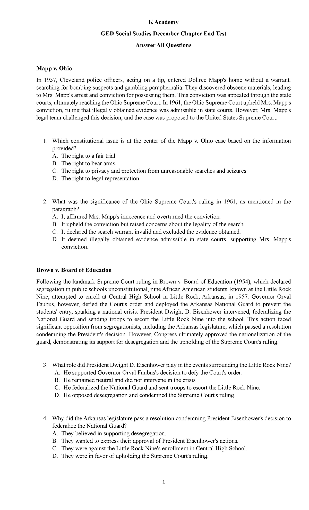 K Academy GED Social Studies December Chapter End Test Review - Studocu