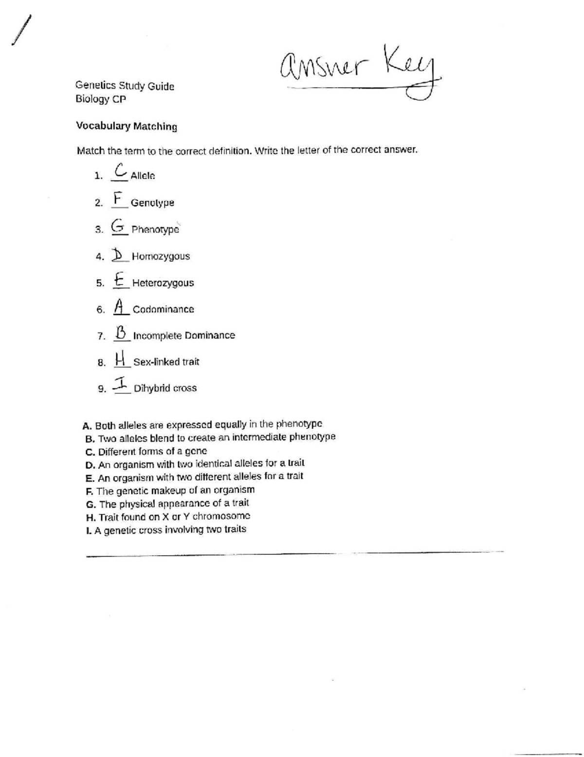 Genetics Study Guide Key - Biology CP Vocabulary Matching - Studocu