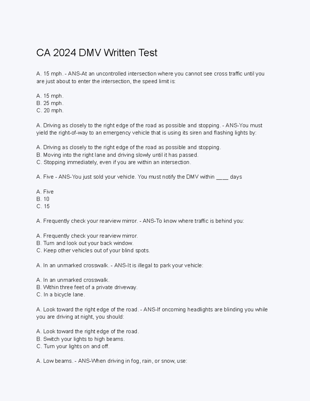 CA 2024 DMV Written Test Practice Questions and Answers - Studocu