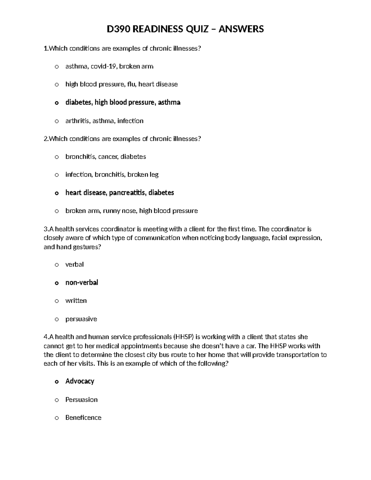 D390 Health Services Readiness Quiz: Chronic Illnesses & Communication ...