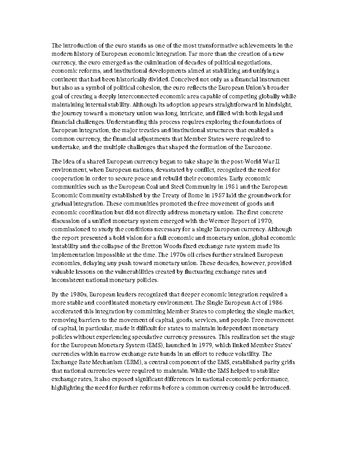 Euro Essay: The Journey to a Unified Currency in Europe - Studocu