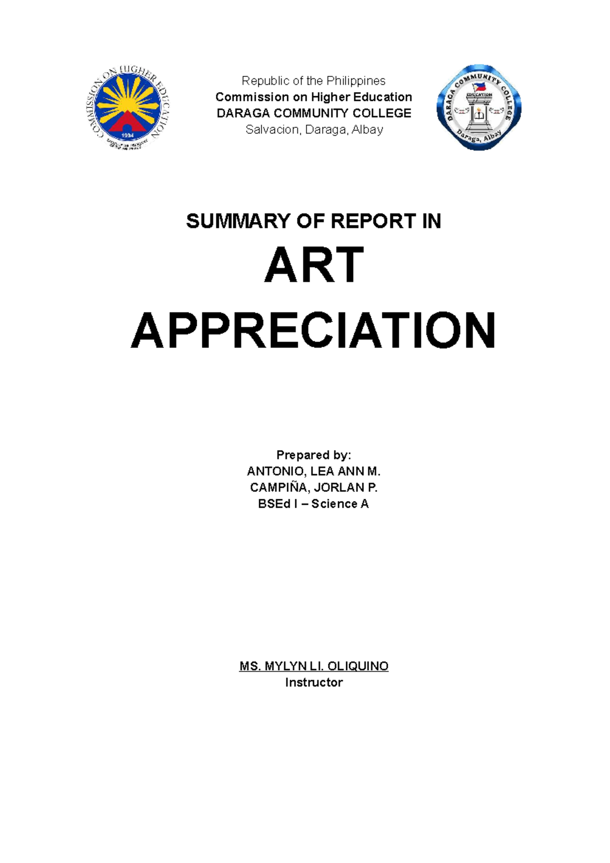 BSEd I Science A: Summary Report on Art Appreciation - Studocu