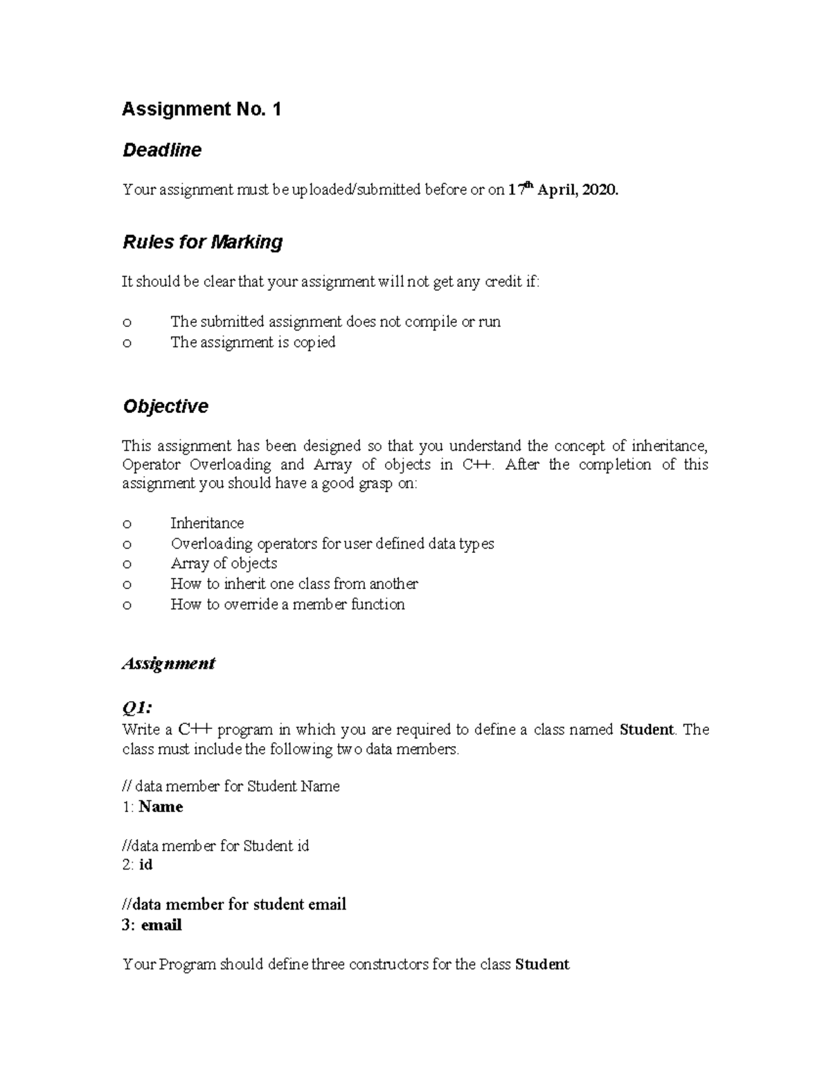 Assignment 01 & 02: Inheritance, Operator Overloading & Classes - Studocu