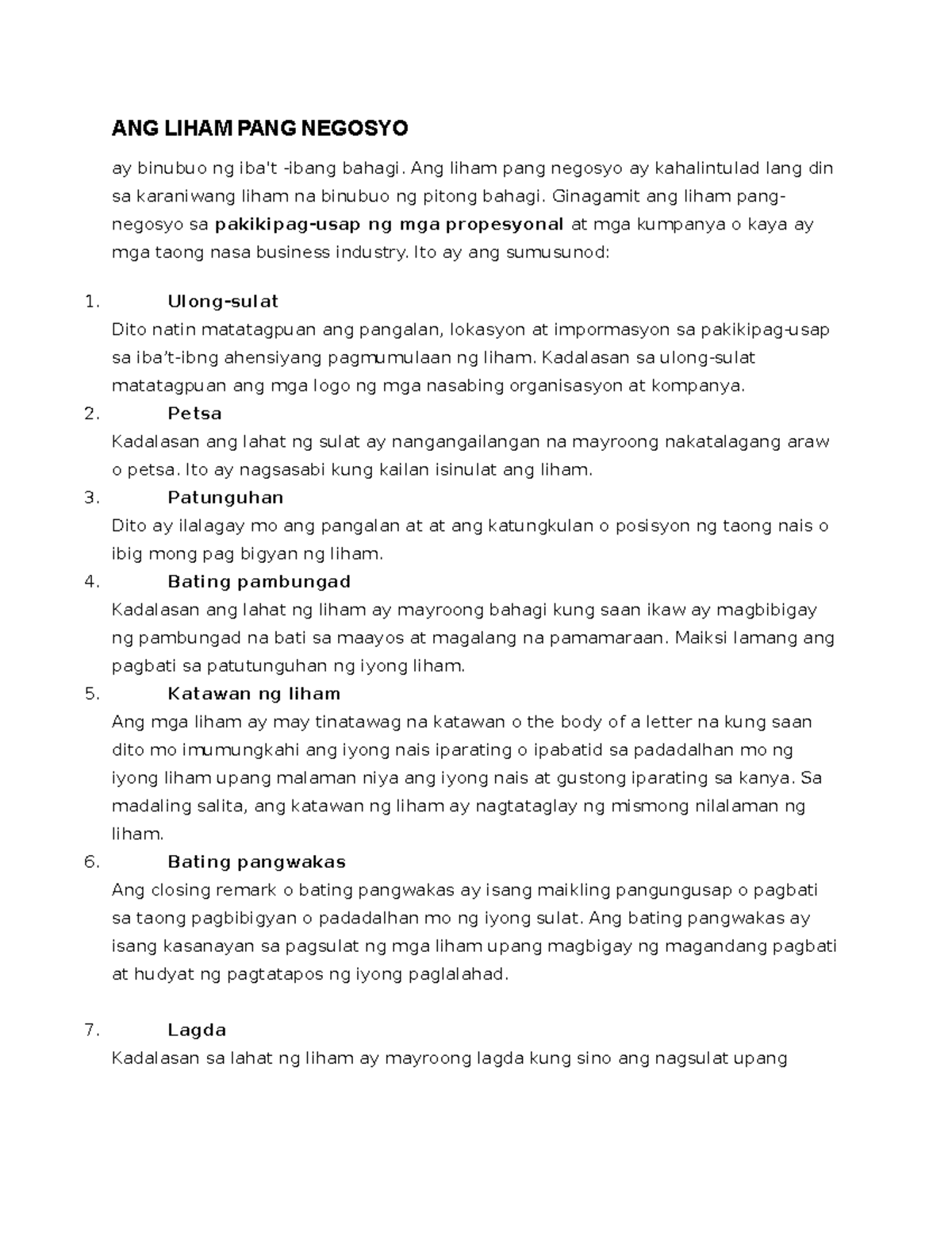 ANG Liham Pang Negosyo: Mga Gabay at Estruktura para sa Negosyo - Studocu
