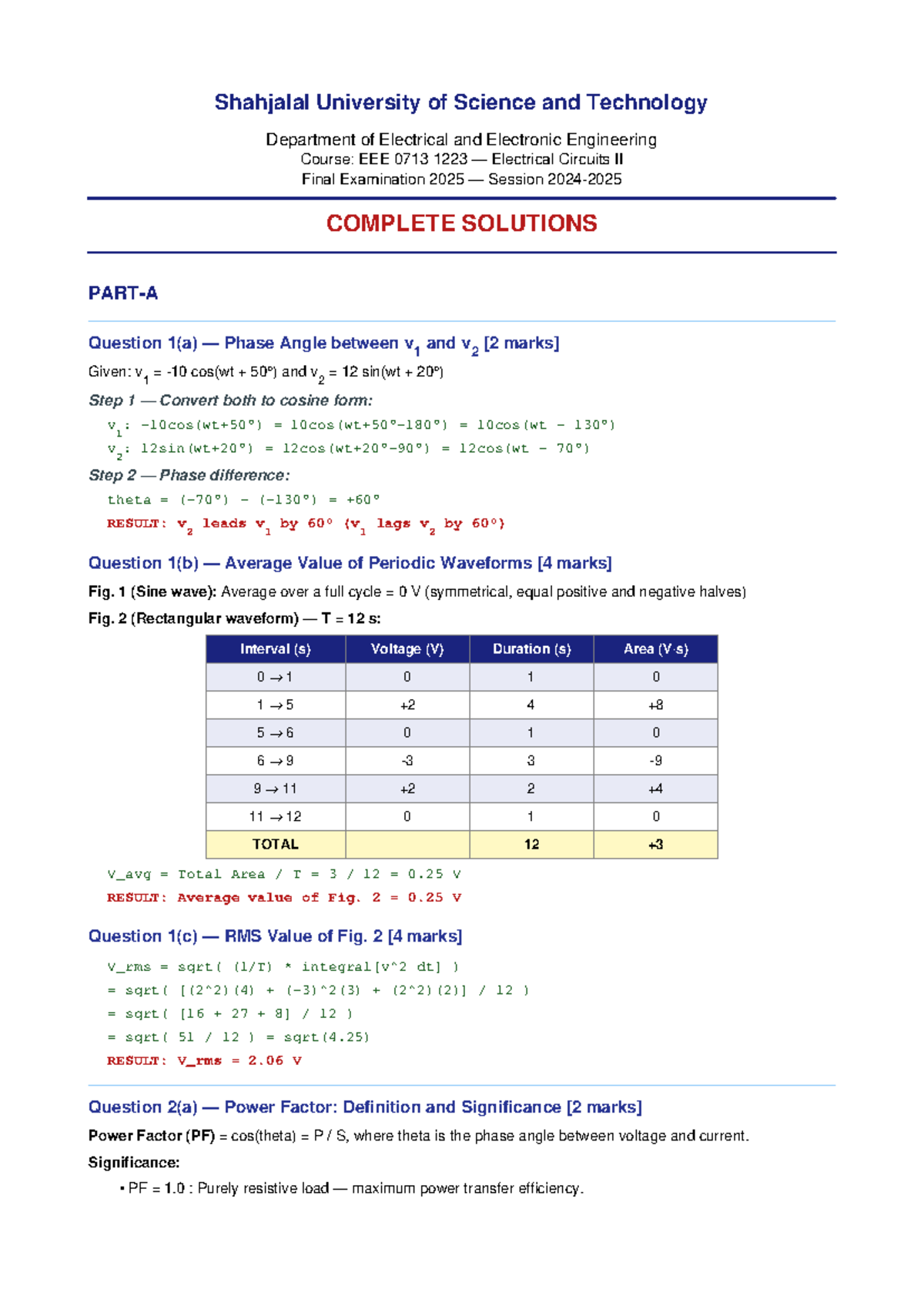 EEE 0713 1223 Electrical Circuits II Final Exam Solutions 2025 - Studocu