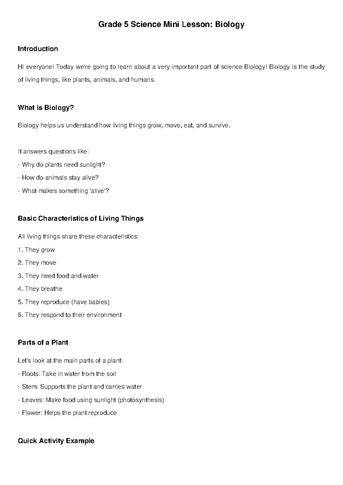 Grade 5 Science Mini Lesson: Intro to Biology Concepts - Studocu