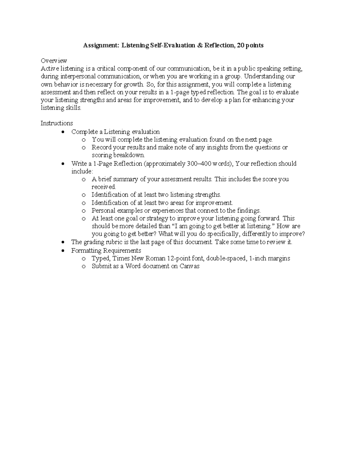 Assignment: Listening Self-Evaluation & Reflection (20 pts) - Studocu
