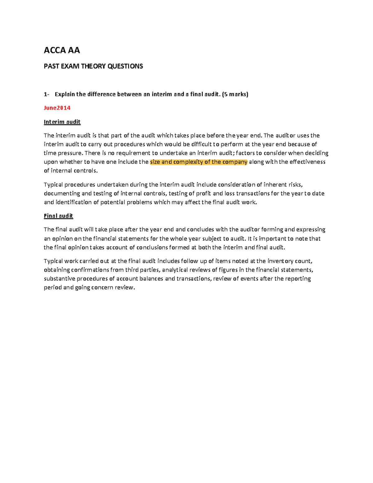 ACCA AA PAST EXAM THEORY QUESTIONS & ANSWERS (June 2014 - 2019) - Studocu